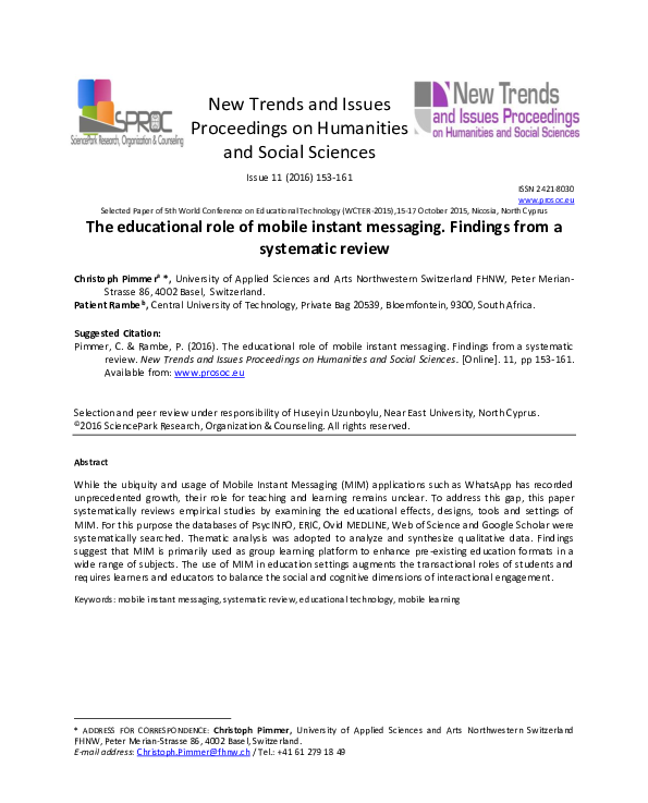 Pdf The Educational Role Of Mobile Instant Messaging Findings From A Systematic Review