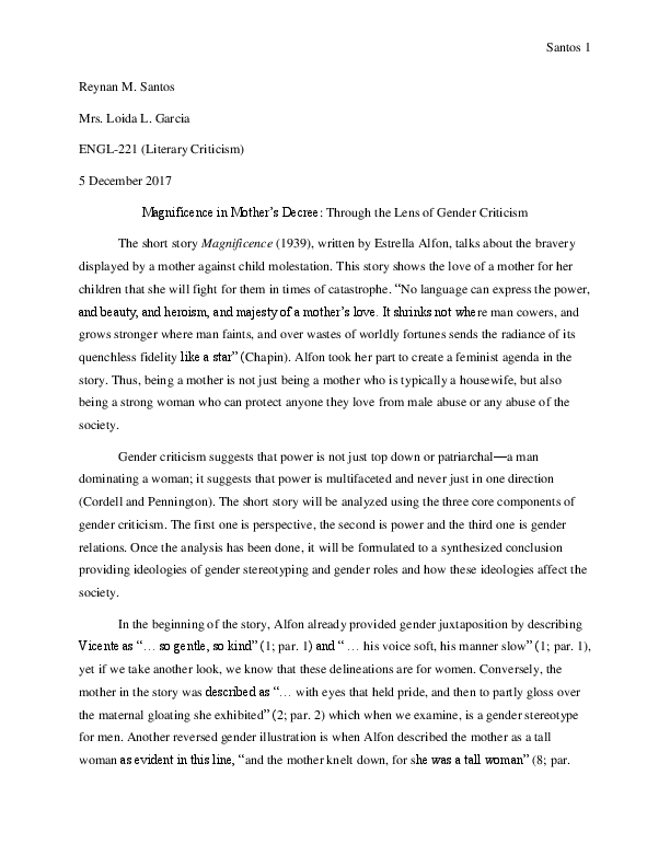 (DOC) Magnificence Short Story Analysis Using Gender Criticism