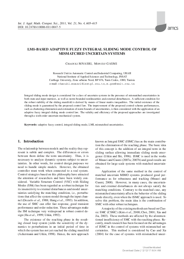 (PDF) LMI-based adaptive fuzzy integral sliding mode control of mismatched uncertain systems