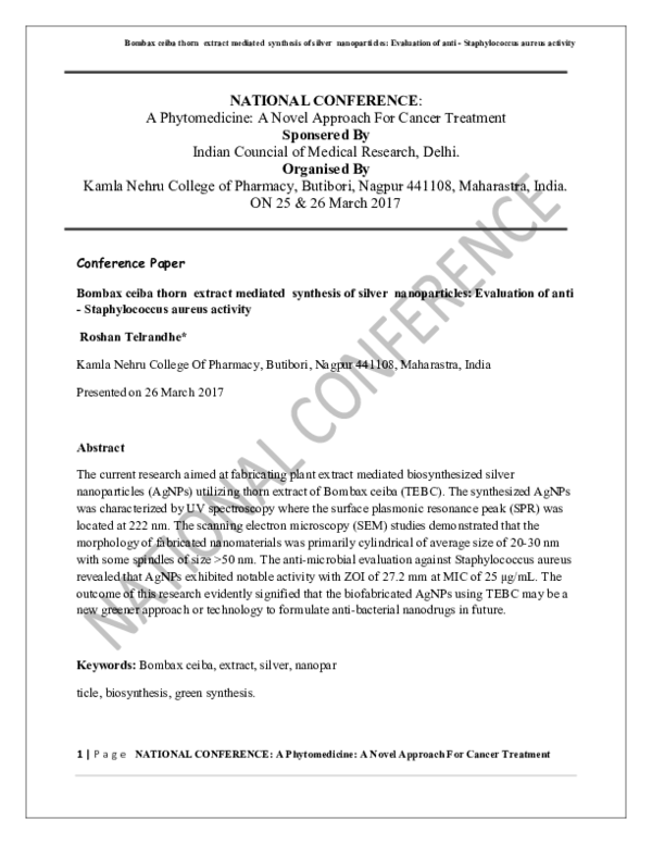 (PDF) Bombax ceiba thorn extract mediated synthesis of silver nanoparticles: Evaluation of anti ...