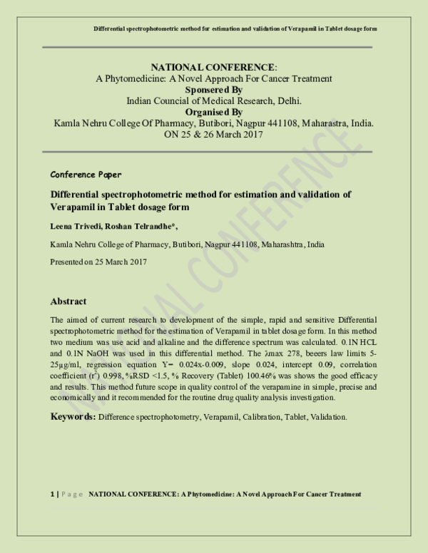 Pdf Differential Spectrophotometric Method For Estimation And Validation Of Verapamil In