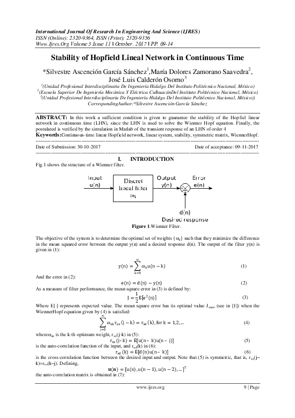 (PDF) Stability of Hopfield Lineal Network in Continuous Time