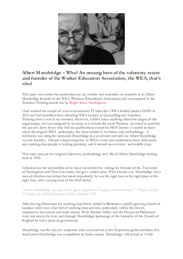 (DOC) Albert Mansbridge – Who? An unsung hero of the voluntary sector ...