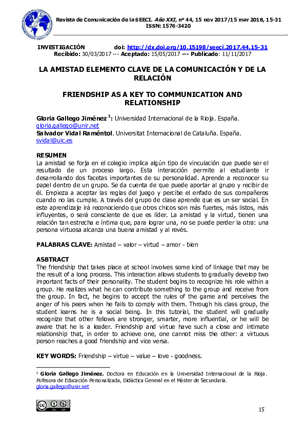 (PDF) LA AMISTAD ELEMENTO CLAVE DE LA COMUNICACIÓN Y DE LA RELACIÓN ...