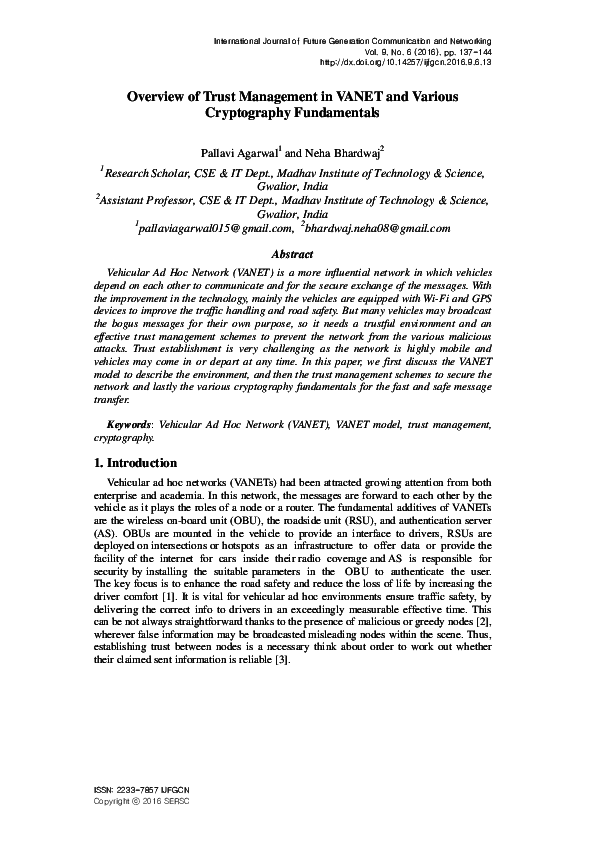 (PDF) Overview of Trust Management in VANET and Various Cryptography Fundamentals