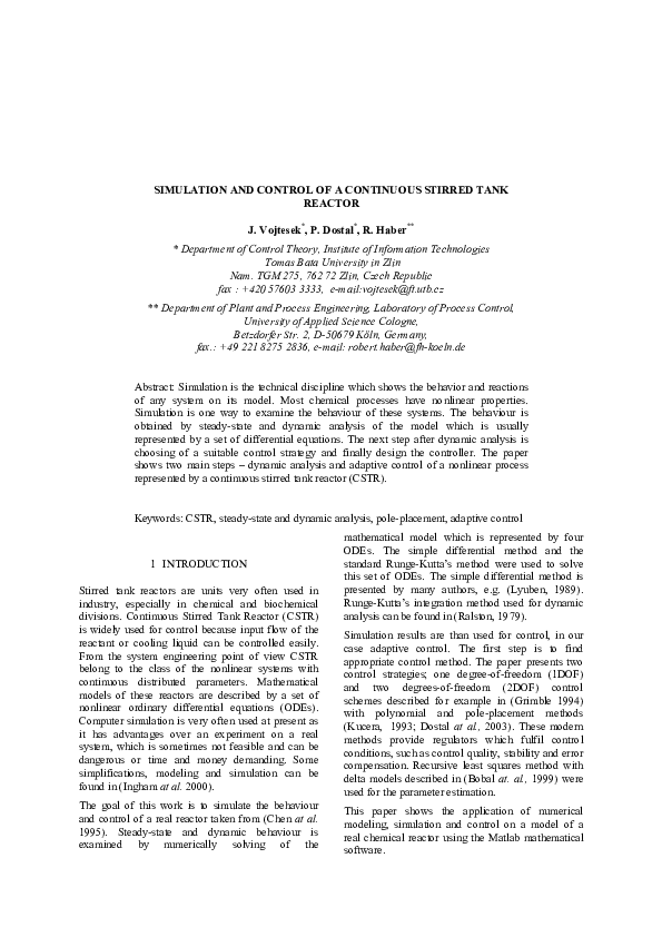 Pdf Control System Design For Continuous Stirred Tank Reactor Using Matlab Simulink By Dr