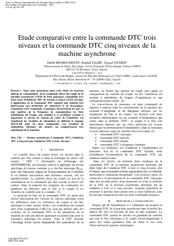 (PDF) Etude comparative entre la commande DTC trois niveaux et la commande DTC cinq niveaux de ...