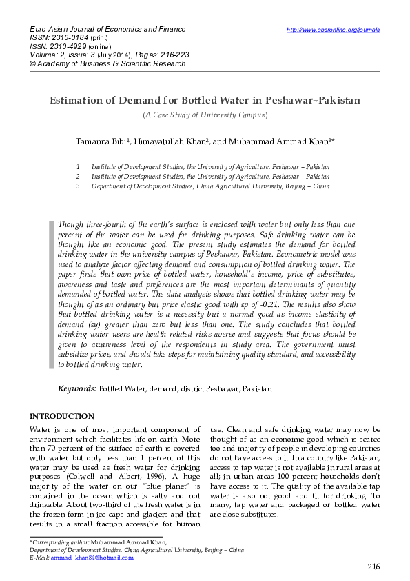 (PDF) Estimation of Demand for Bottled Water in Peshawar–Pakistan (A ...