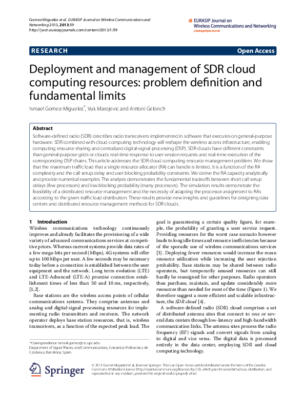 (PDF) Deployment and management of SDR cloud computing resources: problem definition and ...