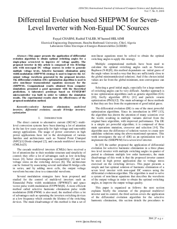 Pdf Differential Evolution Based Shepwm For Seven Level Inverter With Non Equal Dc Sources 