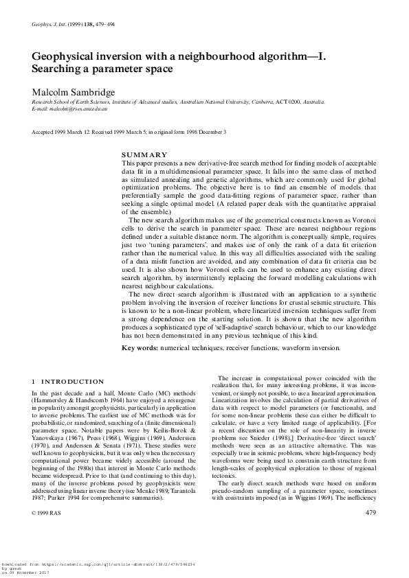 (PDF) Geophysical inversion with a neighbourhood algorithm—I. Searching a parameter space
