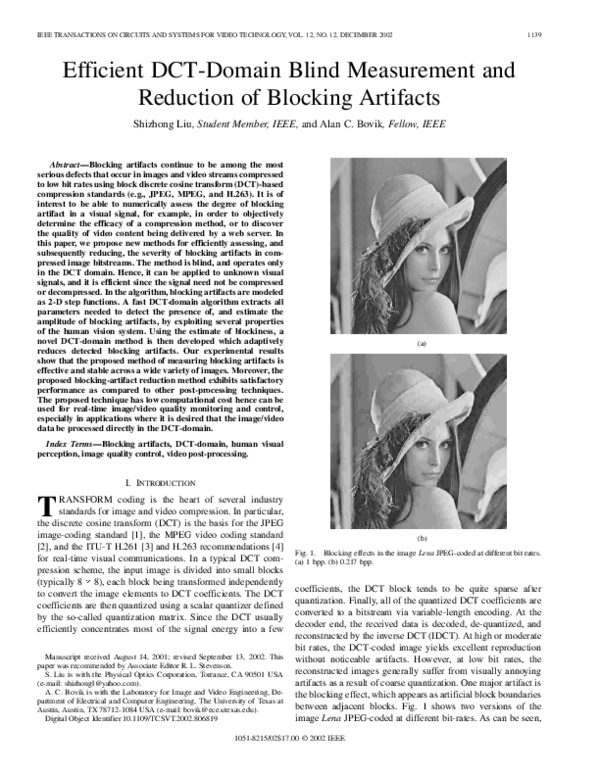 Pdf Efficient Dct Domain Blind Measurement And Reduction Of Blocking Artifacts