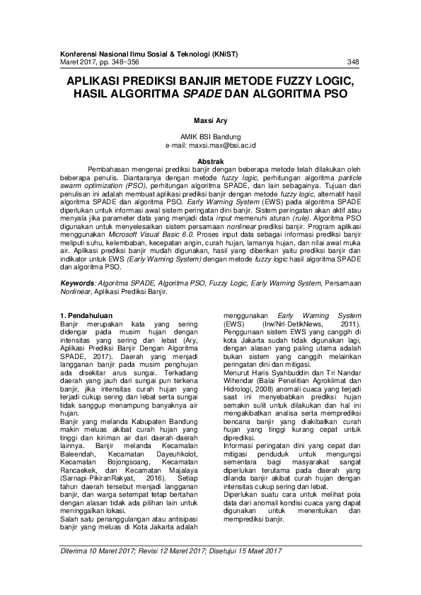 Pdf Aplikasi Prediksi Banjir Metode Fuzzy Logic Hasil Algoritma Spade Dan Algoritma Pso