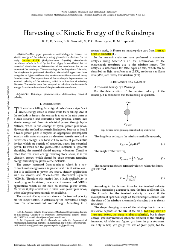 (PDF) Harvesting of Kinetic Energy of the Raindrops