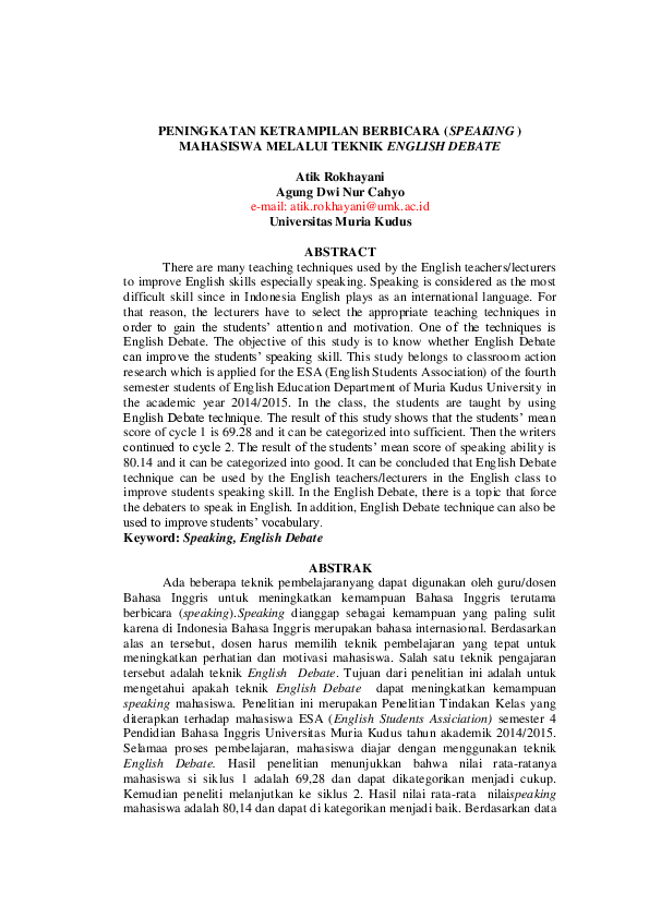(PDF) PENINGKATAN KETRAMPILAN BERBICARA (SPEAKING ) MAHASISWA MELALUI TEKNIK ENGLISH DEBATE
