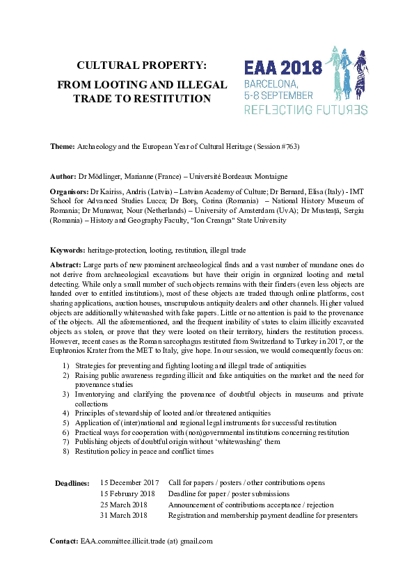 (PDF) CALL FOR PAPERS! EAA Barcelona, 2018, session: Cultural Property: from looting and illegal ...