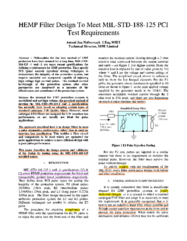 (PDF) HEMP Filter Design To Meet MIL-STD-188-125 PCI Test Requirements