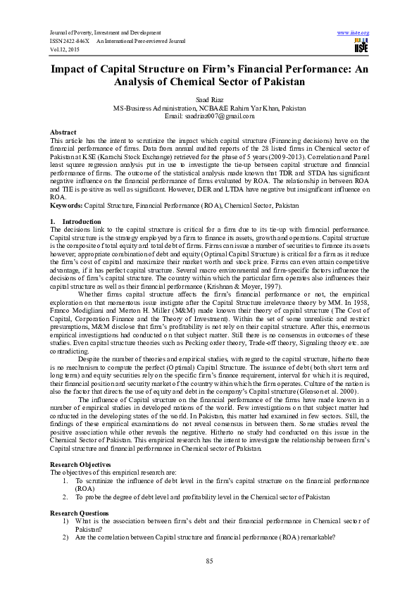 (PDF) Impact of Capital Structure on Firm's Financial Performance: An Analysis of Chemical ...