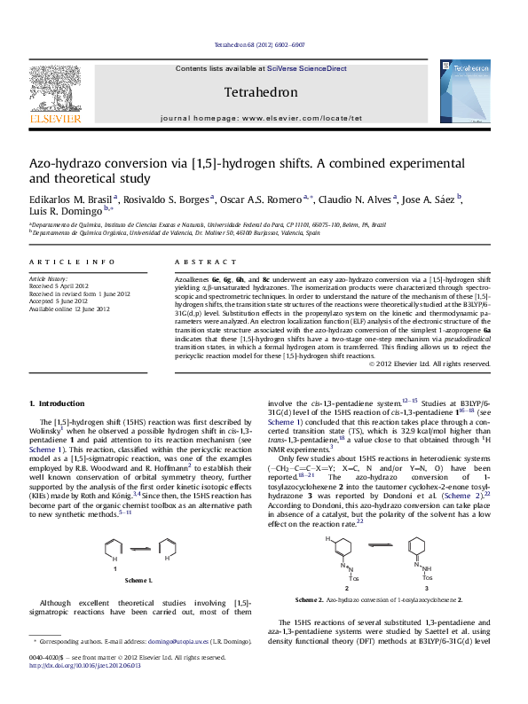 (PDF) Azo-hydrazo conversion via [1,5]-hydrogen shifts. A combined ...