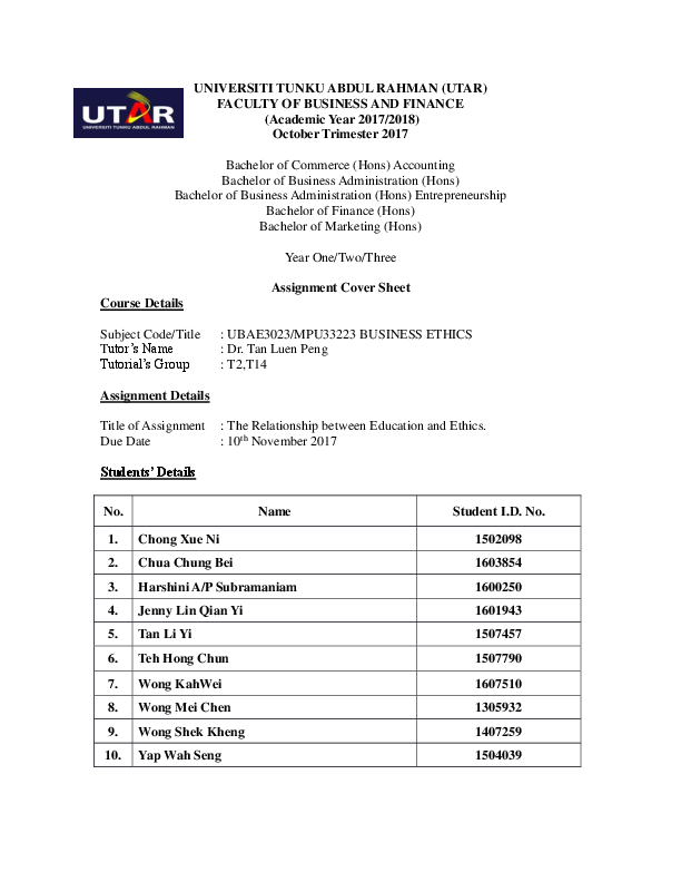 (DOC) The Relationship between Education and Ethics