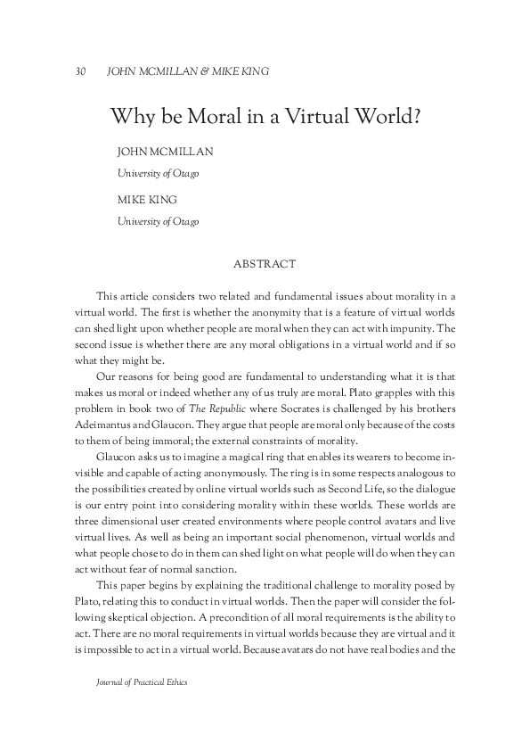 (PDF) Why be Moral in a Virtual World