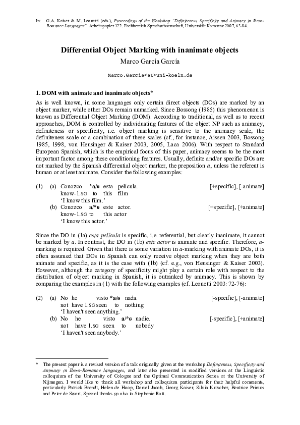 (PDF) Differential Object Marking with Inanimate Objects