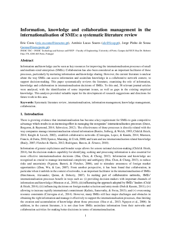 (PDF) Information, knowledge and collaboration management in the internationalisation of SMEs: A ...