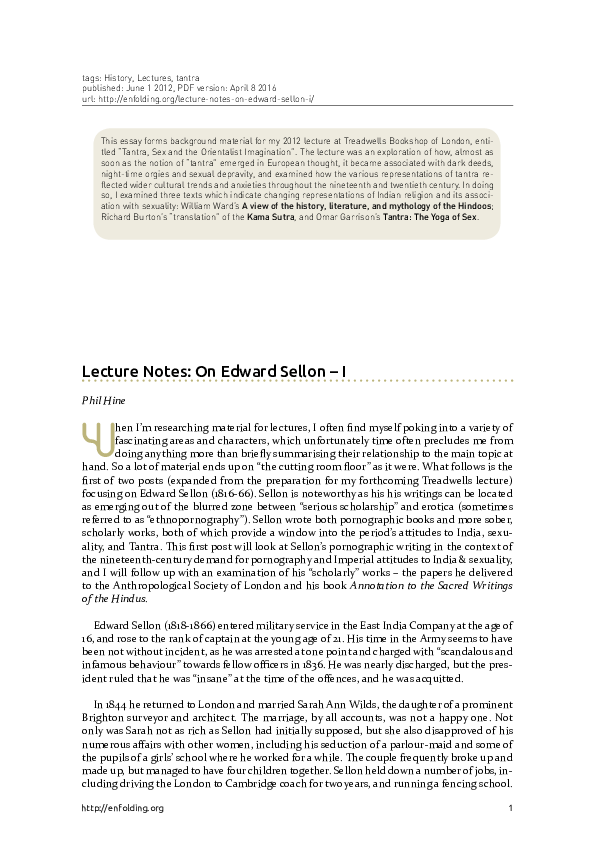 (PDF) Lecture Notes: On Edward Sellon – I