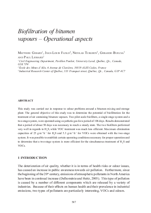 (PDF) Biofiltration of bitumen vapours - Operational aspects