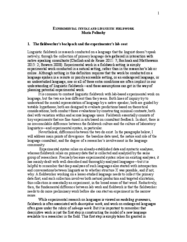 (PDF) EXPERIMENTAL SYNTAX AND LINGUISTIC FIELDWORK