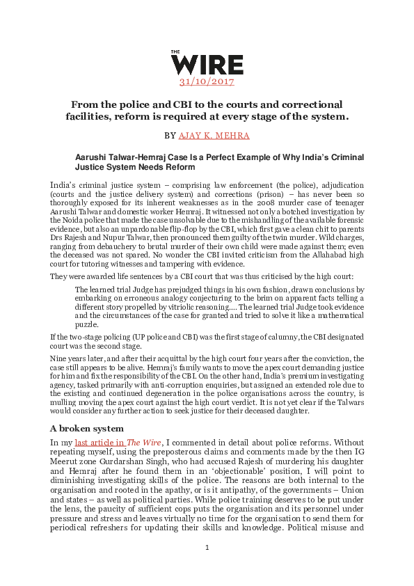 (PDF) Aarushi Talwar-Hemraj Case Is a Perfect Example of Why India's Criminal Justice System ...