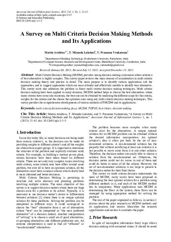 Pdf A Survey On Multi Criteria Decision Making Methods And Its Applications