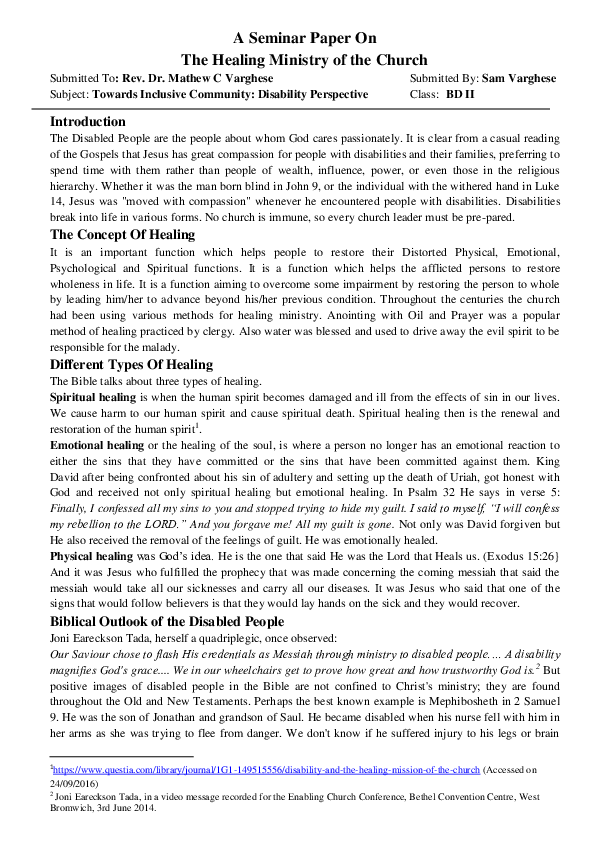 (DOC) A Seminar Paper On The Healing Ministry of the Church