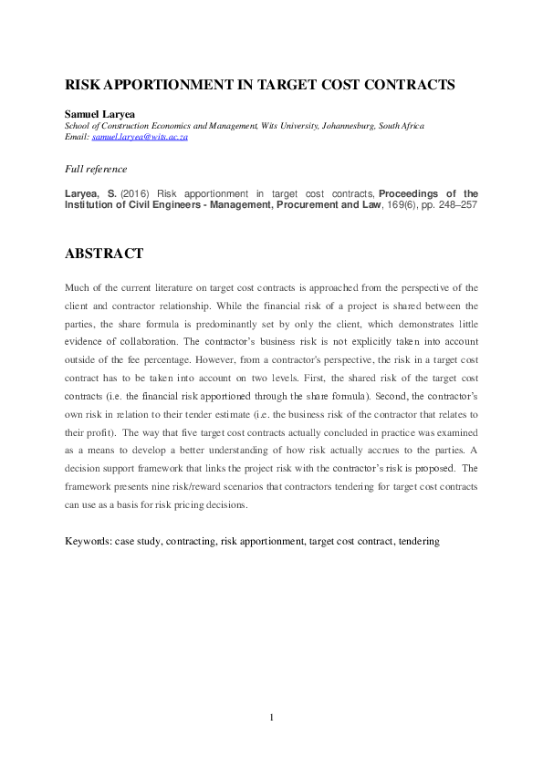 (PDF) RISK APPORTIONMENT IN TARGET COST CONTRACTS