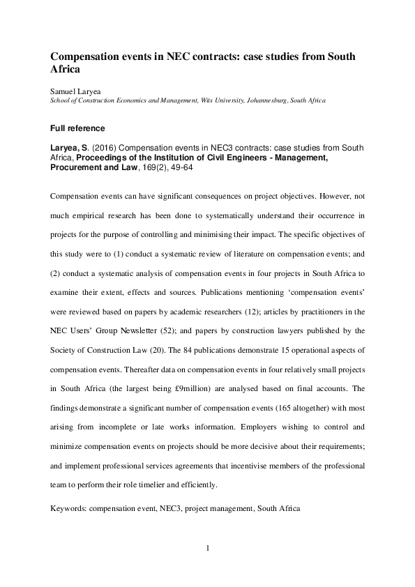 (PDF) Compensation events in NEC contracts: case studies from South Africa