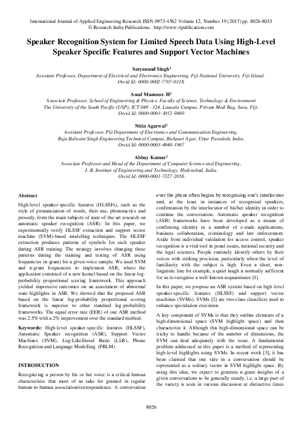 Pdf Speaker Recognition System For Limited Speech Data Using High Level Speaker Specific