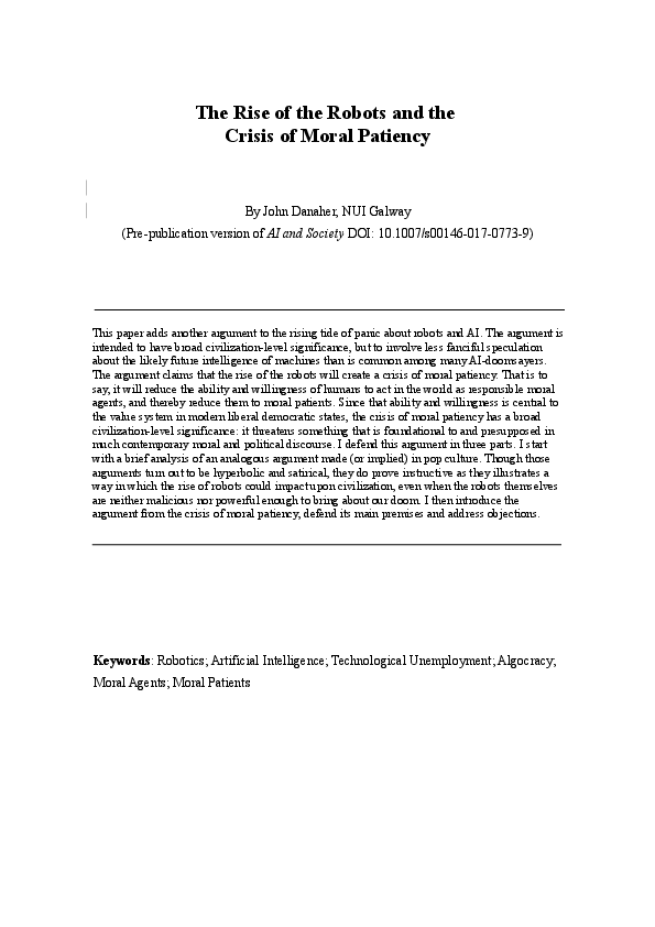 (DOC) The Rise of the Robots and the Crisis of Moral Patiency