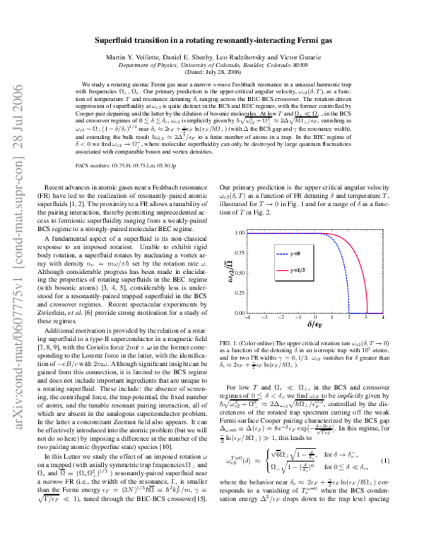 (PDF) Superfluid Transition in a Rotating Fermi Gas with Resonant Interactions