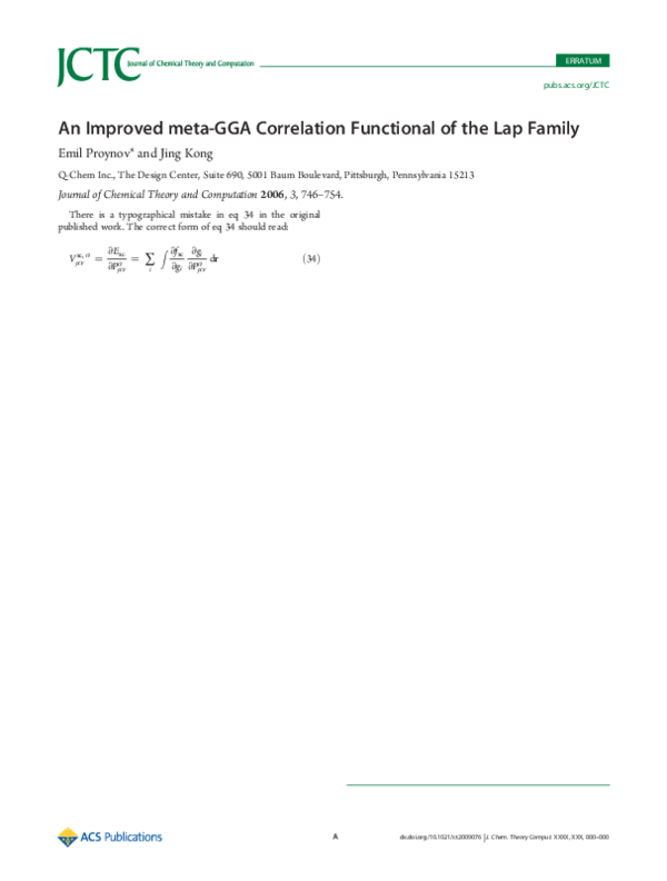 (PDF) An Improved meta-GGA Correlation Functional of the Lap Family | Emil Proynov - Academia.edu