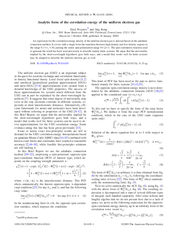 (PDF) Analytic form of the correlation energy of the uniform electron gas