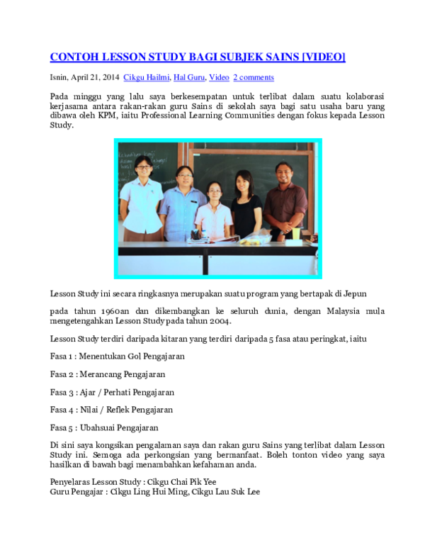 (DOC) CONTOH LESSON STUDY BAGI SUBJEK SAINS [VIDEO