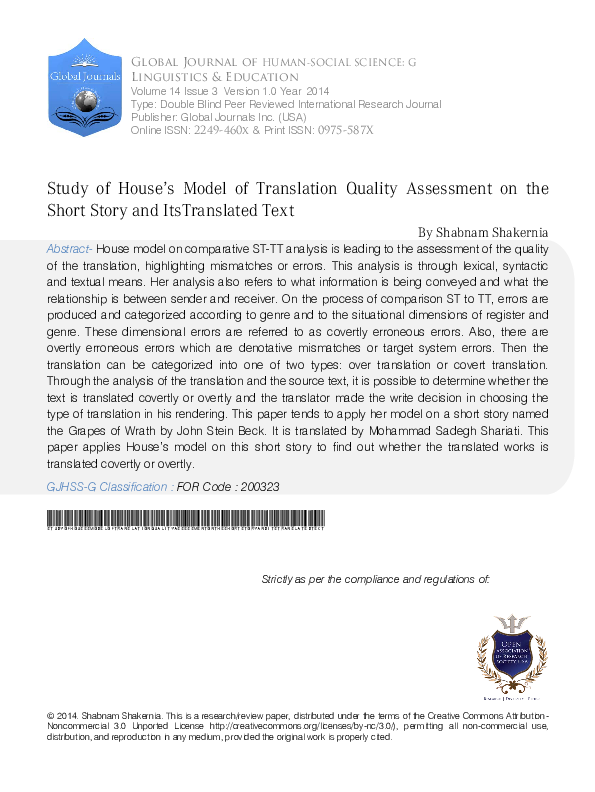 (PDF) Study of House's Model of Translation Quality Assessment on the ...