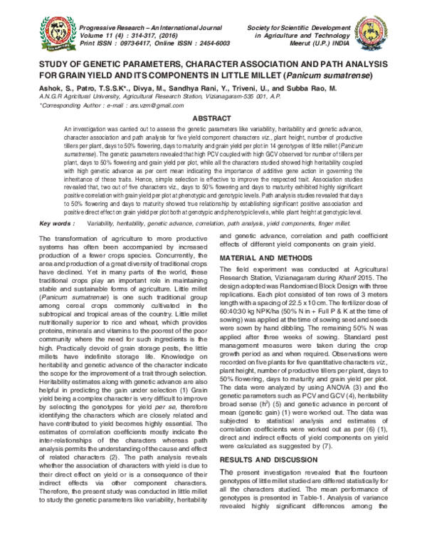 (PDF) STUDY OF GENETIC PARAMETERS, CHARACTER ASSOCIATION AND PATH ANALYSIS FOR GRAIN YIELD AND ...