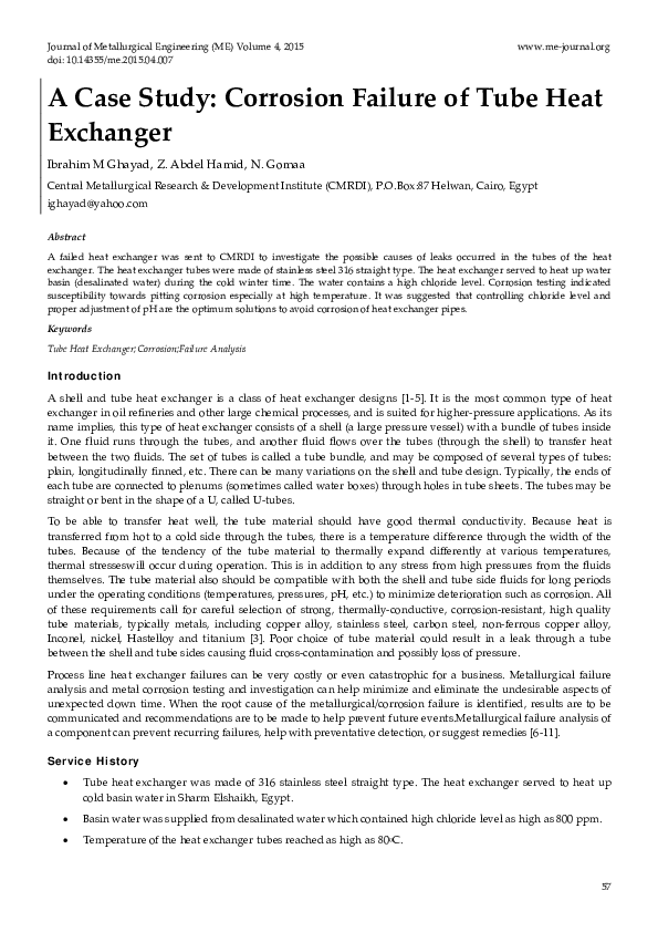 (PDF) A Case Study: Corrosion Failure of Tube Heat Exchanger