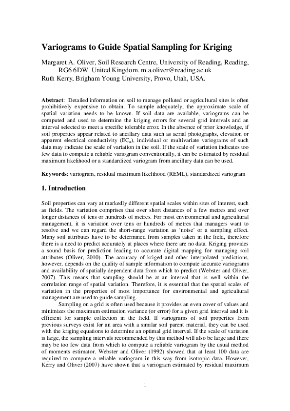 (PDF) Variograms to guide spatial sampling for kriging