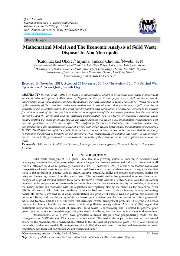 (PDF) Mathematical Model And The Economic Analysis of Solid Waste ...