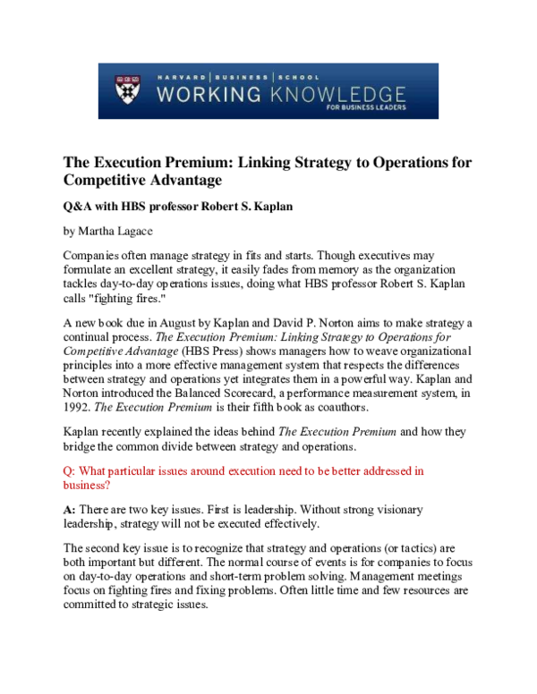 (PDF) The Execution Premium: Linking Strategy to Operations for ...