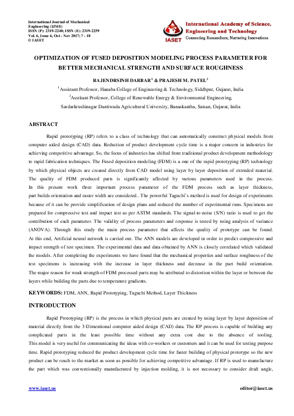 (PDF) OPTIMIZATION OF FUSED DEPOSITION MODELING PROCESS PARAMETER FOR BETTER MECHANICAL STRENGTH ...