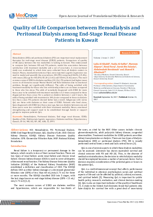 (PDF) Quality of Life Comparison between Hemodialysis and Peritoneal ...