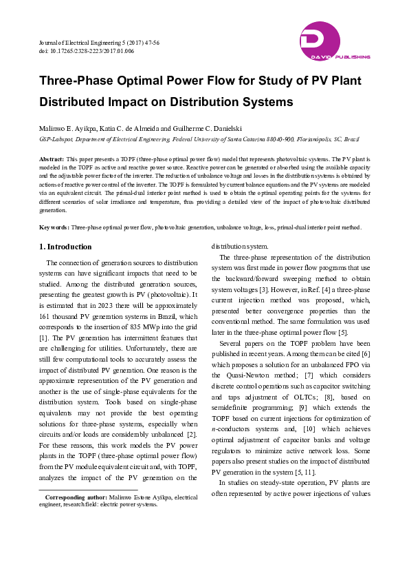 (PDF) Three-Phase Optimal Power Flow for Study of PV Plant Distributed ...